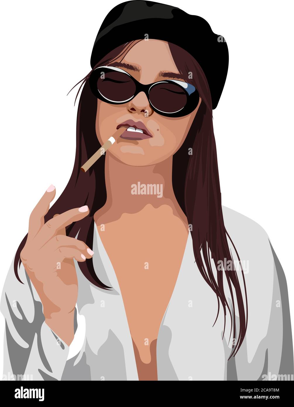 Elegant young girl with beret hat and glasses lighting a cigarette ...