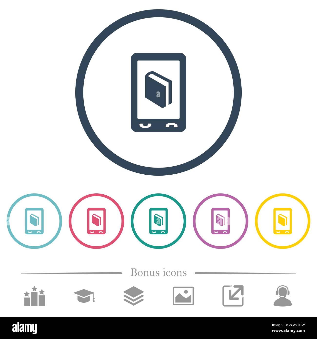 Mobile dictionary flat color icons in round outlines. 6 bonus icons ...