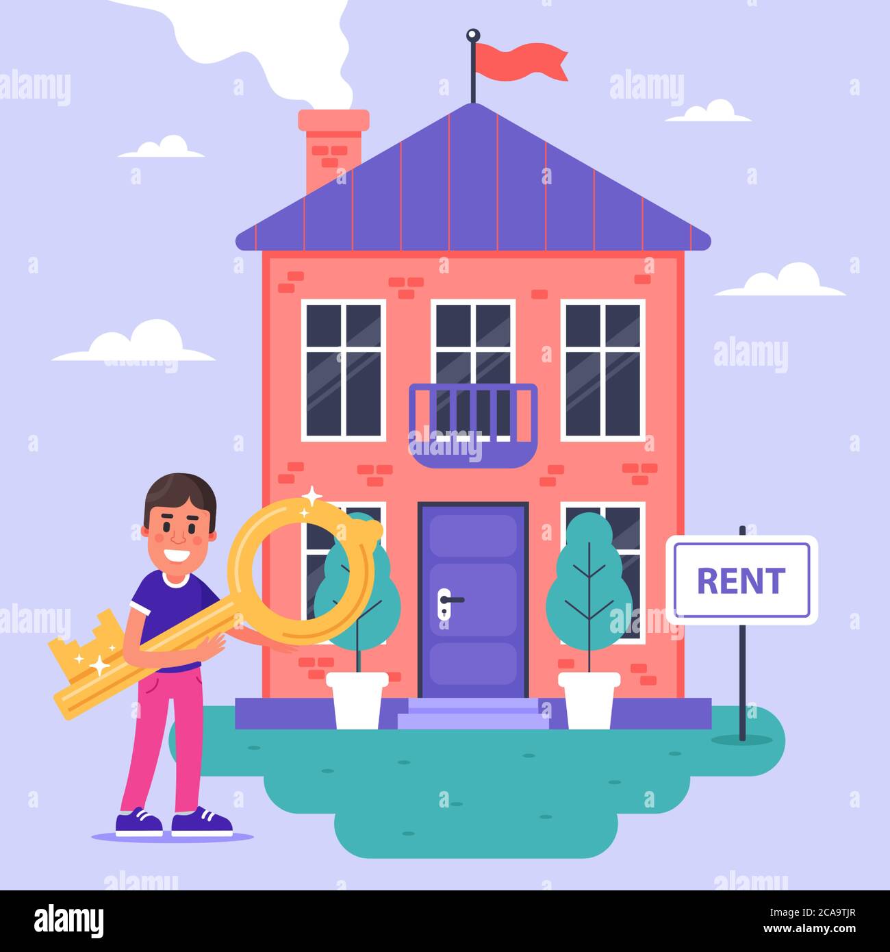 the landlord rents a brick house for rent. flat vector illustration ...
