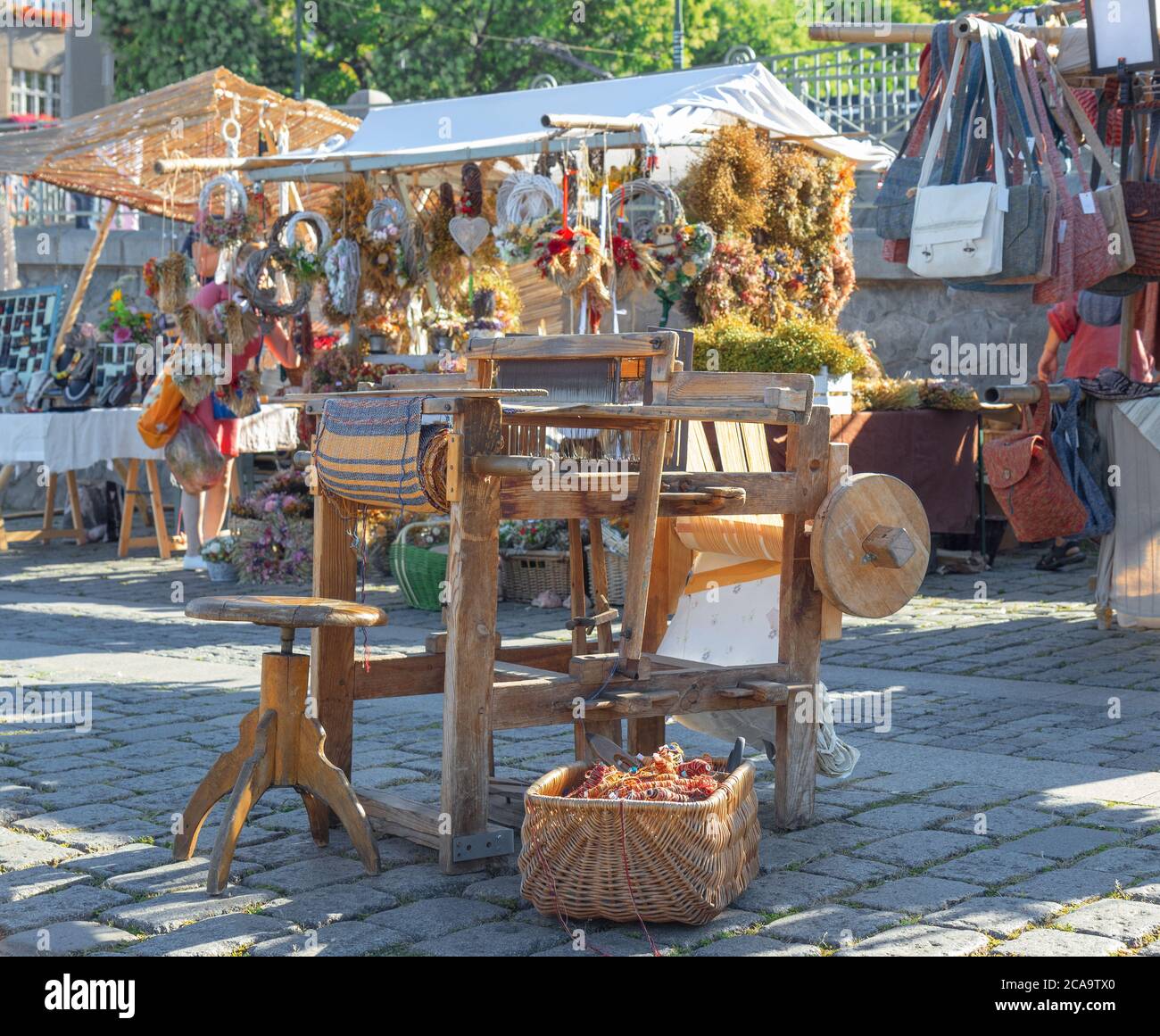 Ancient weaving loom displayed at Naplavka street food market at Prague ...