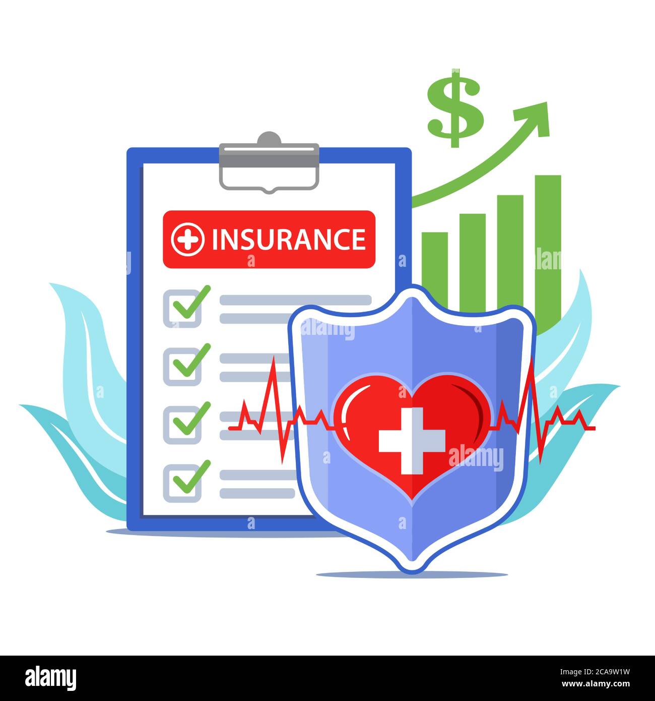human life insurance contract. paid medicine. shield with a heart. flat ...