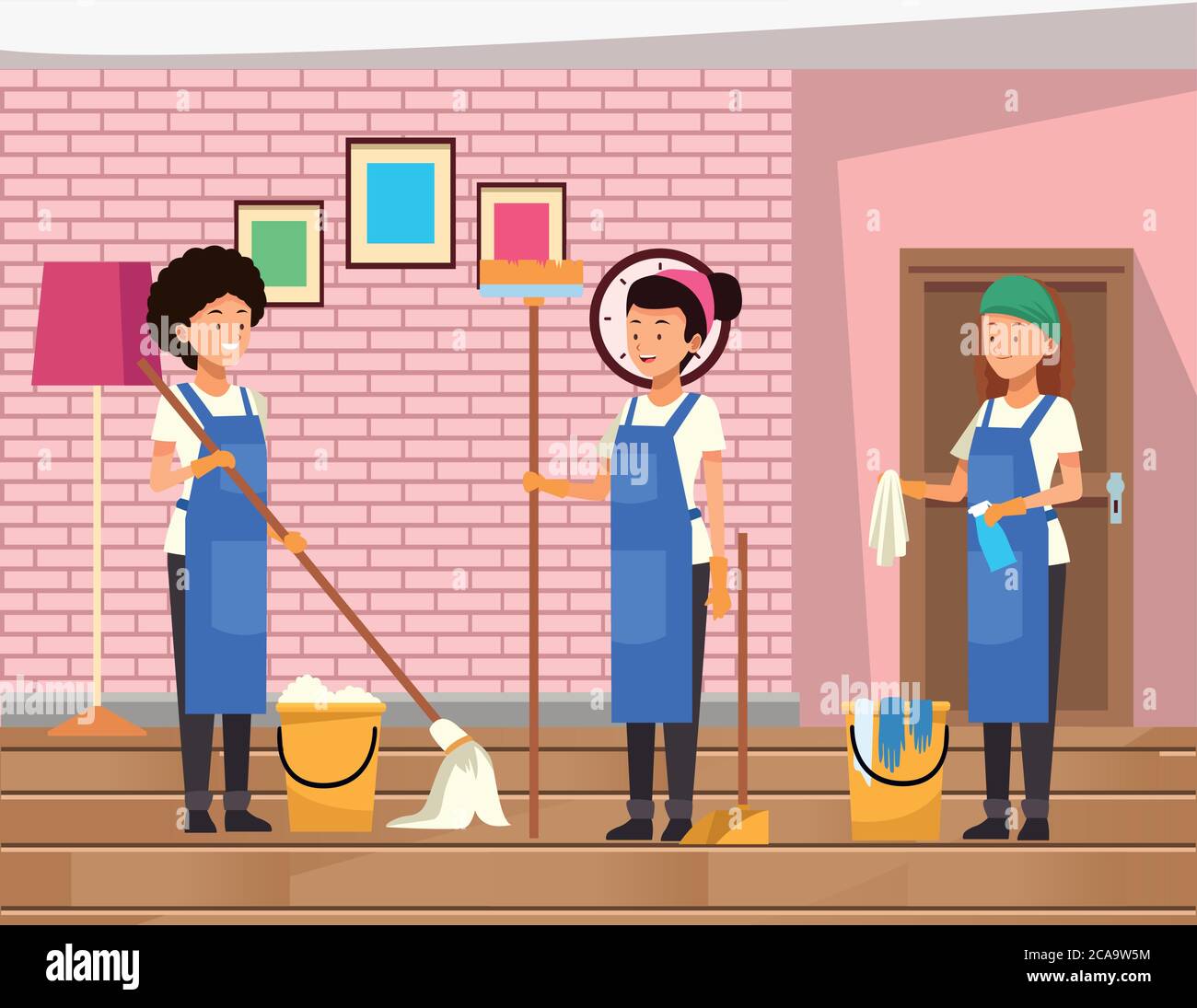 housekeeping team female workers with equipment tools vector ...