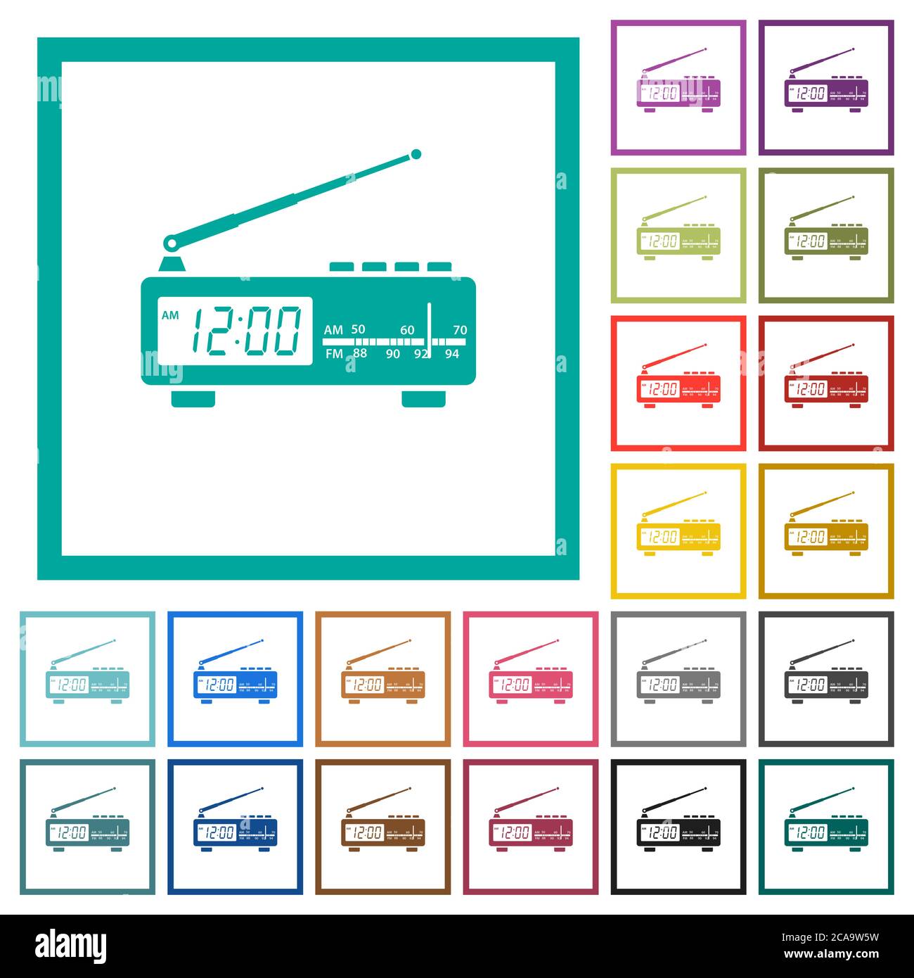 Vintage radio clock flat color icons with quadrant frames on white ...