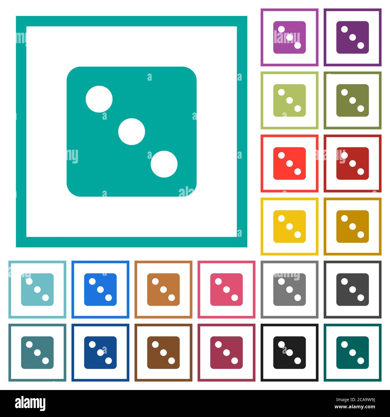 Dice three flat color icons with quadrant frames on white background ...