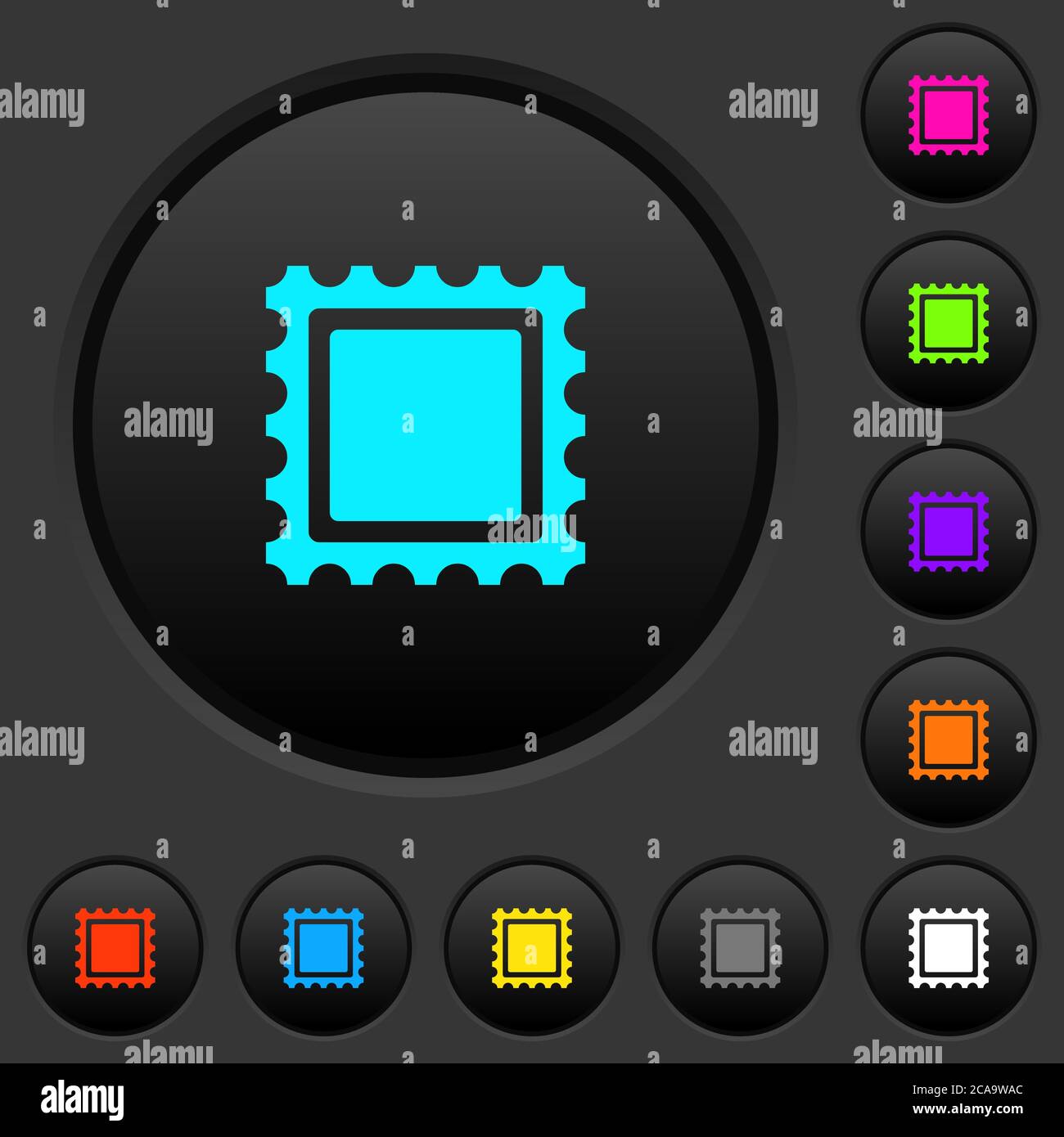 Postal stamp dark push buttons with vivid color icons on dark grey ...