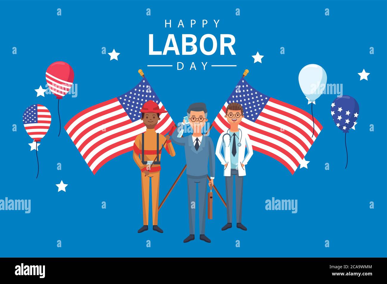 happy labor day celebration with workers and flags vector illustration ...
