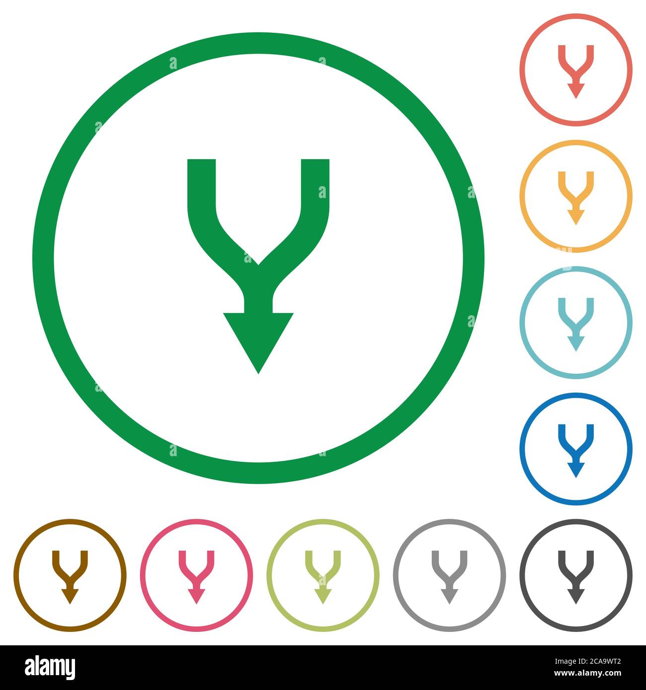 Merge arrows down flat color icons in round outlines on white ...