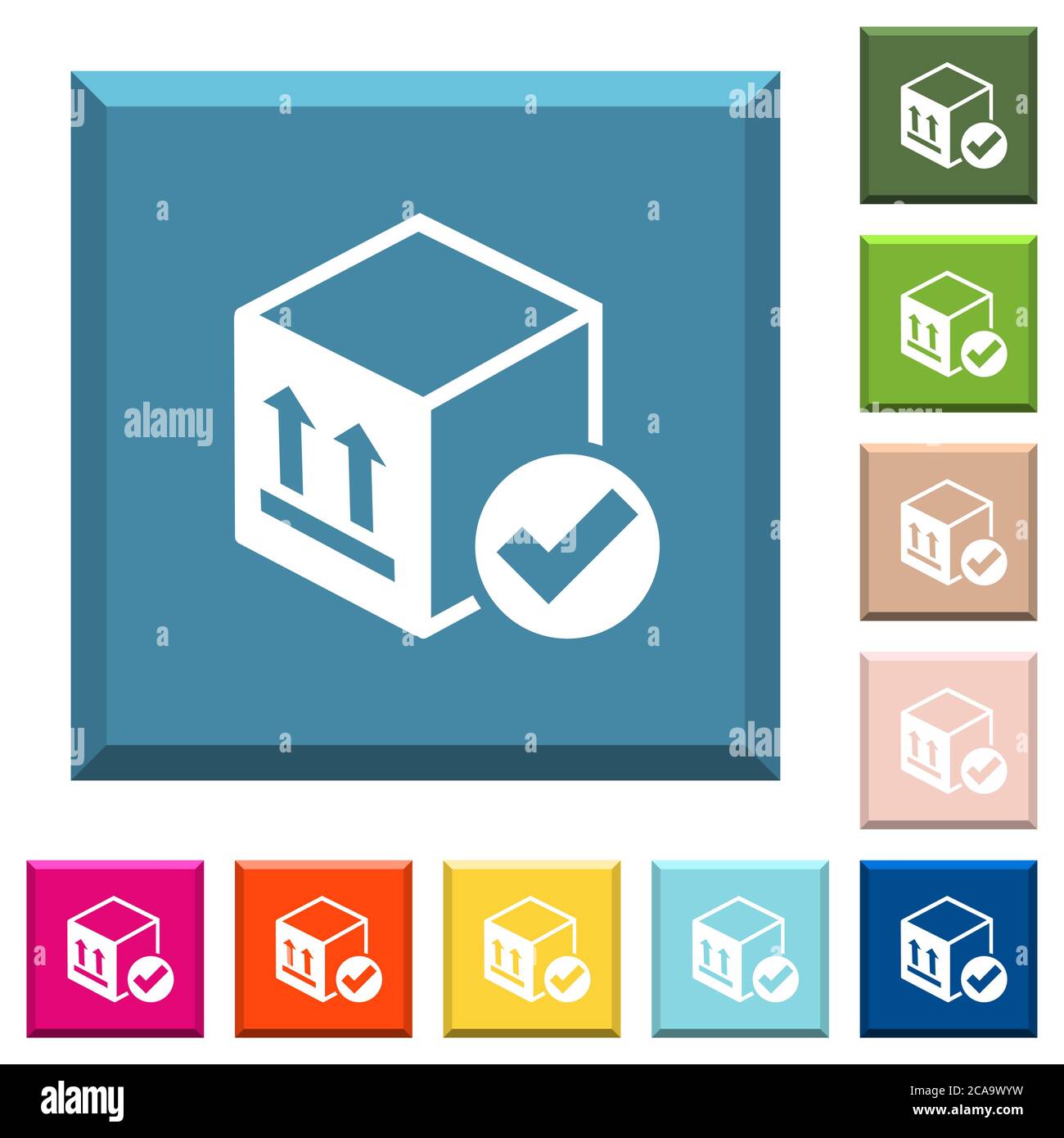 Package delivered white icons on edged square buttons in various trendy ...
