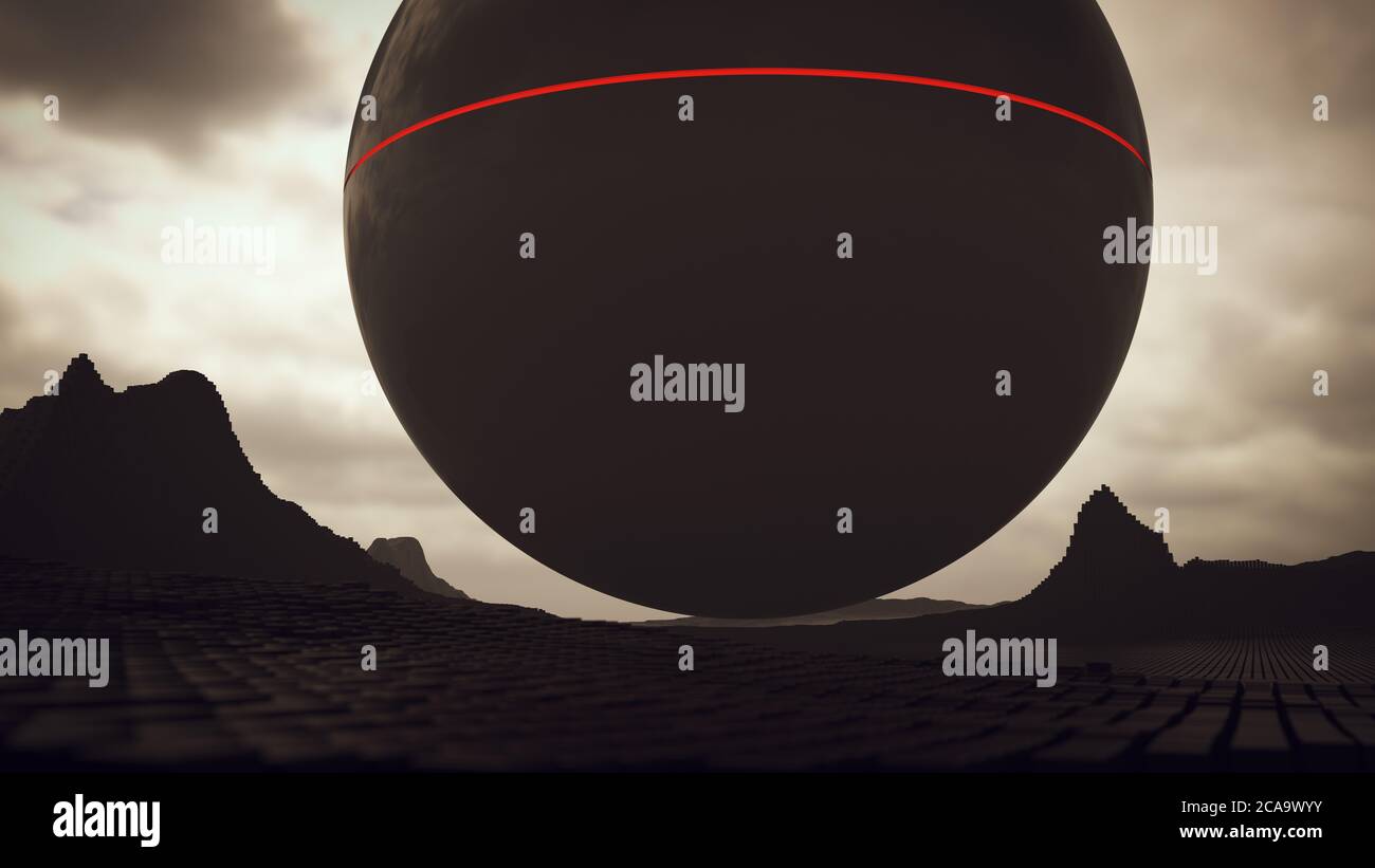 Alien Sphere Black Geometric Abstract Cube Low Landscape with Rocky ...