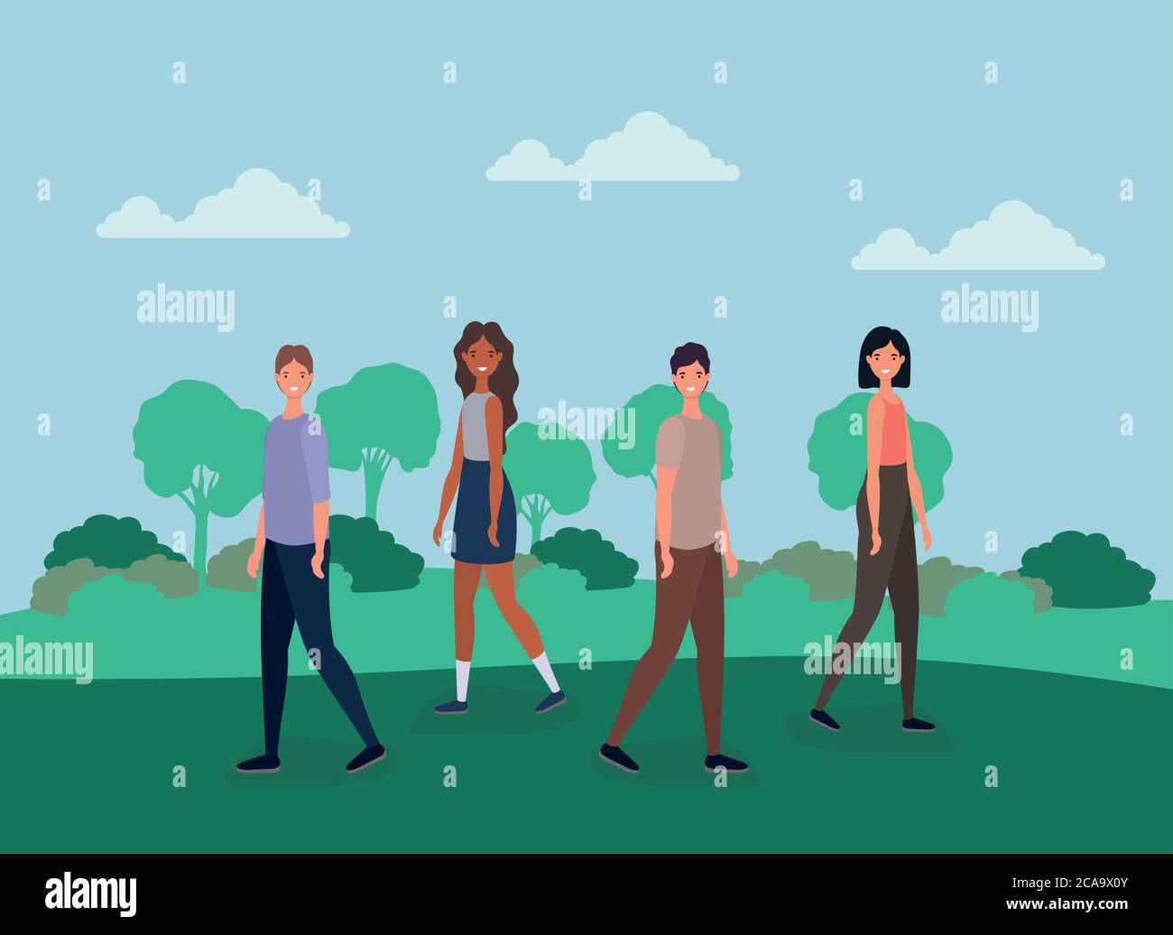 Women and men cartoons walking at park with trees design, Outdoor ...