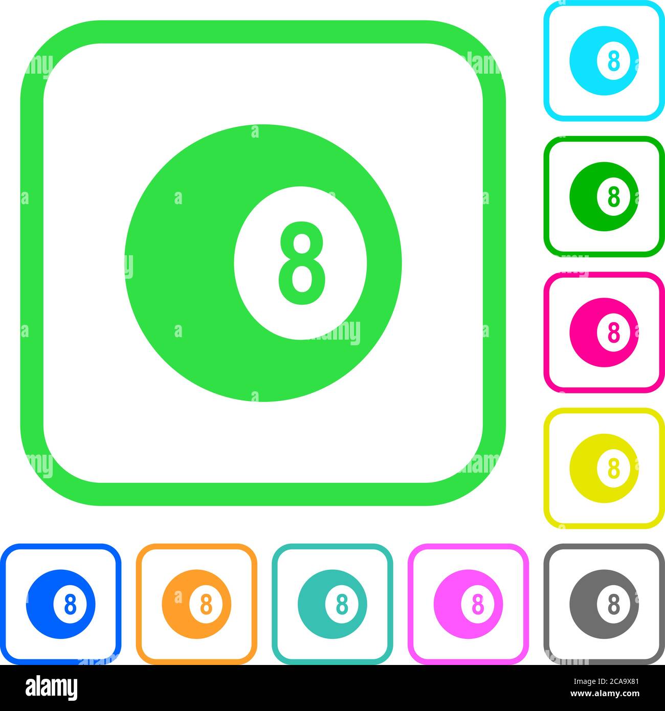 Black eight billiard ball vivid colored flat icons in curved borders on ...