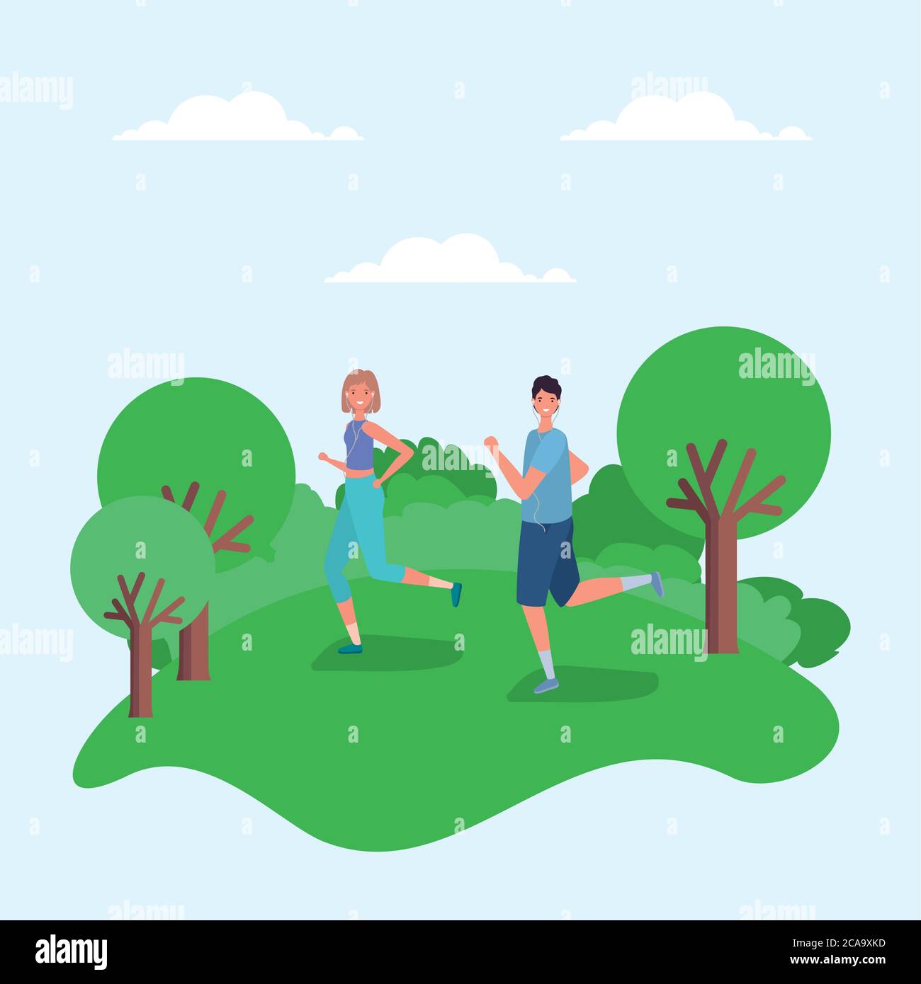 Woman and man cartoons running at park design, Outdoor activity theme ...