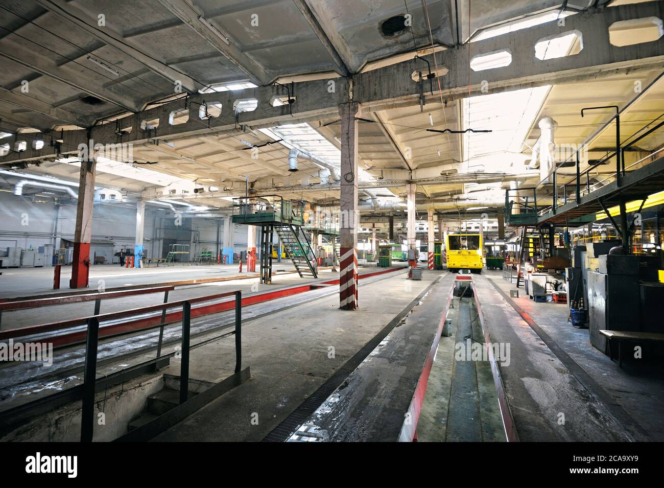 Trolleybuses parked at the trolley depot hangar for technical ...