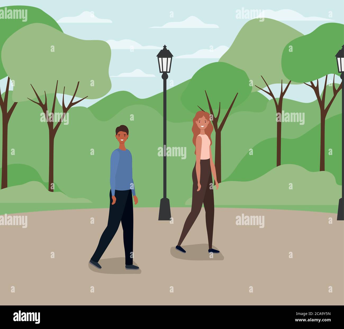 Woman and man cartoon walking at park with lamp design, Outdoor ...