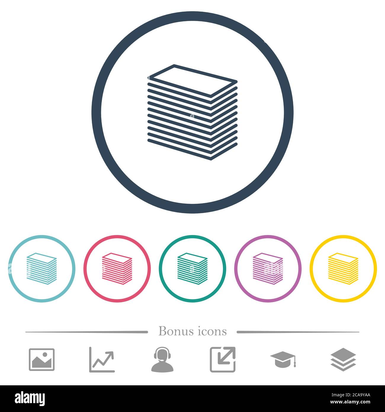 Paper stack flat color icons in round outlines. 6 bonus icons included ...