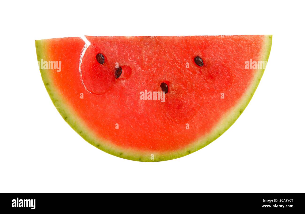 Close up half slice cut of fresh red ripe juicy watermelon isolated on ...
