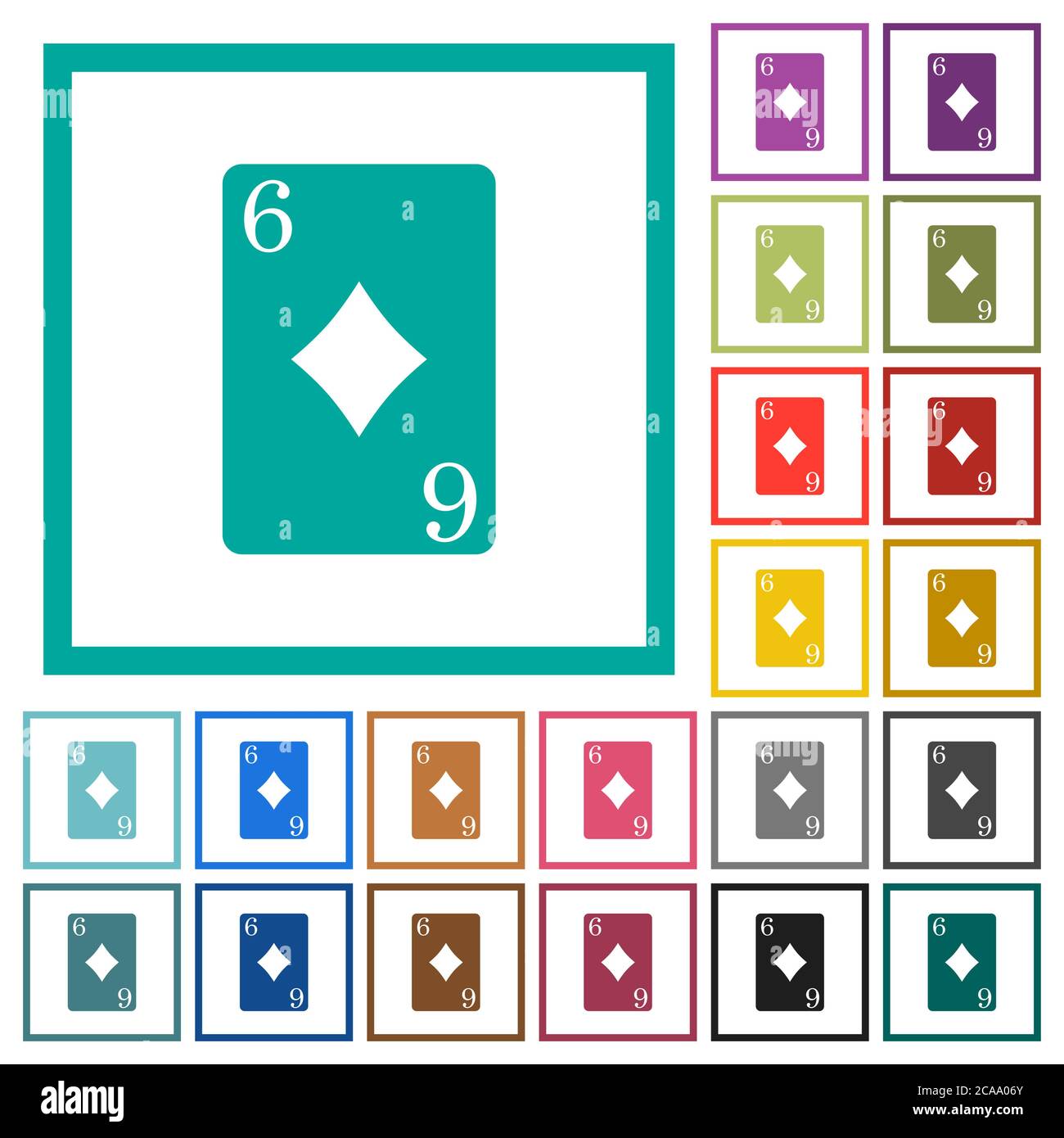Six of diamonds card flat color icons with quadrant frames on white ...