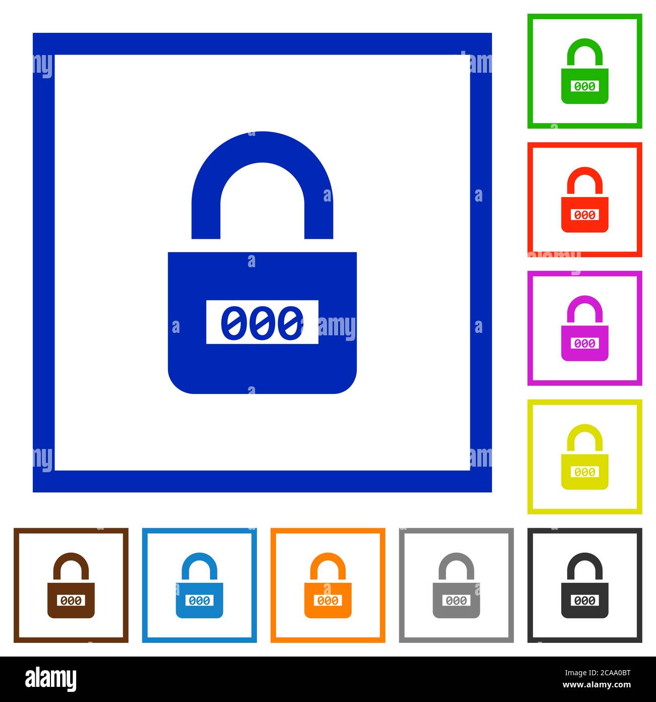 Locked combination lock with center numbers flat color icons in square ...