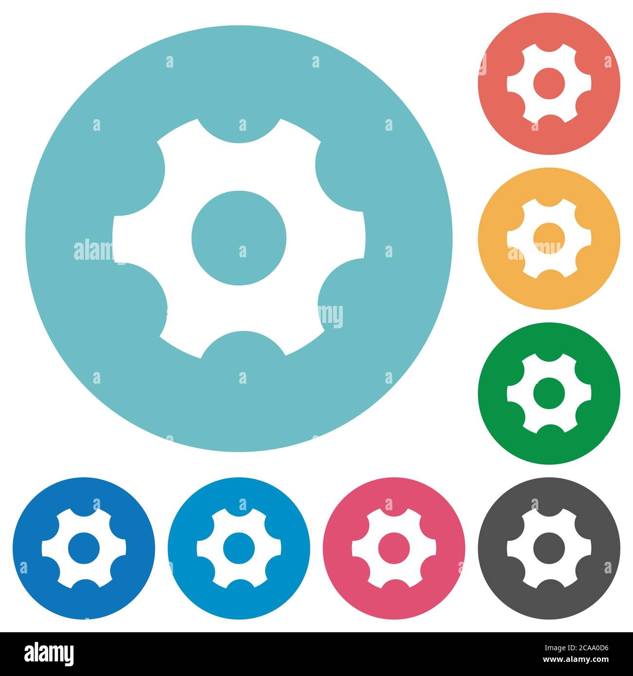 Single cogwheel flat white icons on round color backgrounds Stock ...