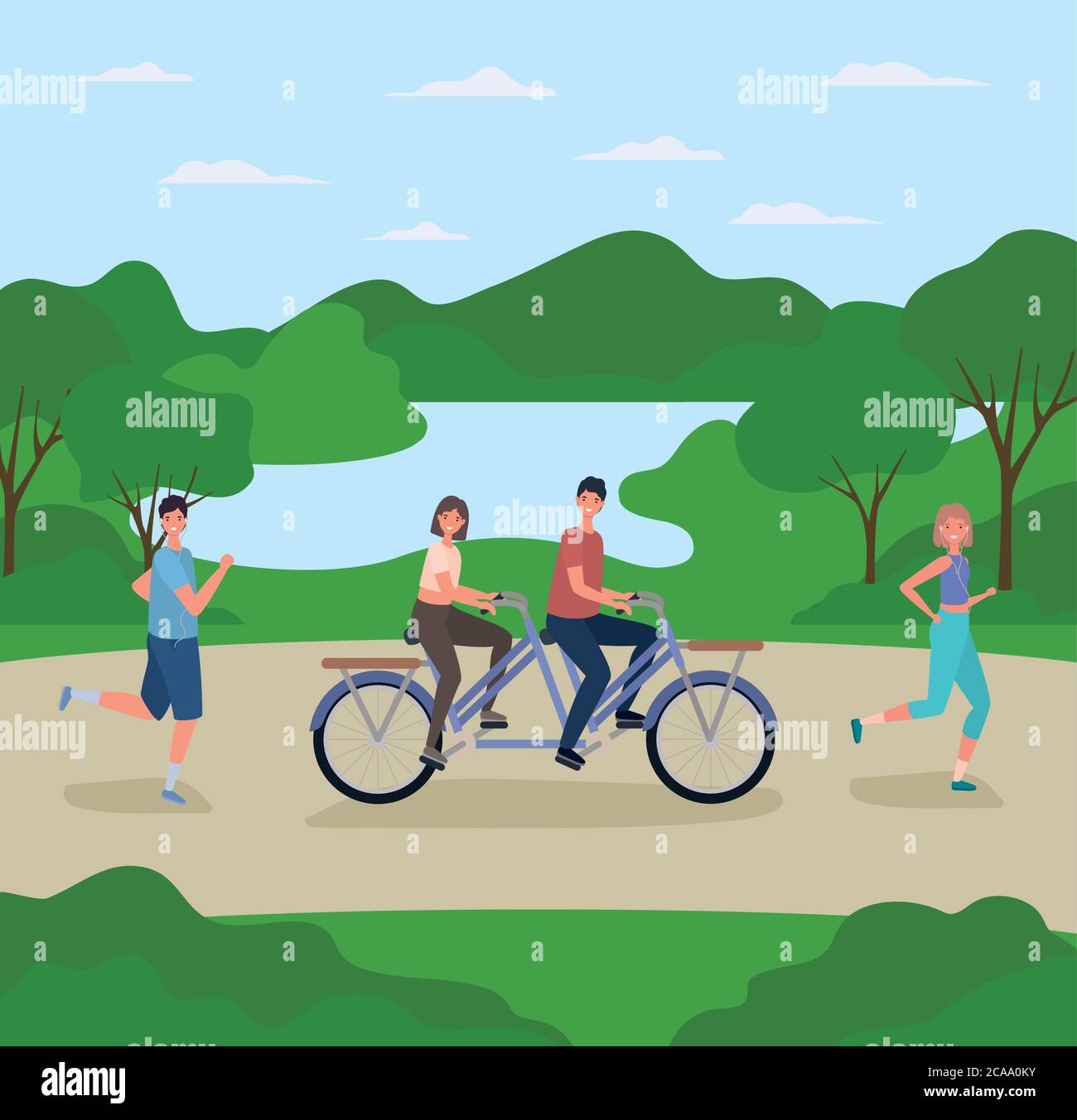 Woman and man cartoons riding bike and running at park design, Outdoor ...