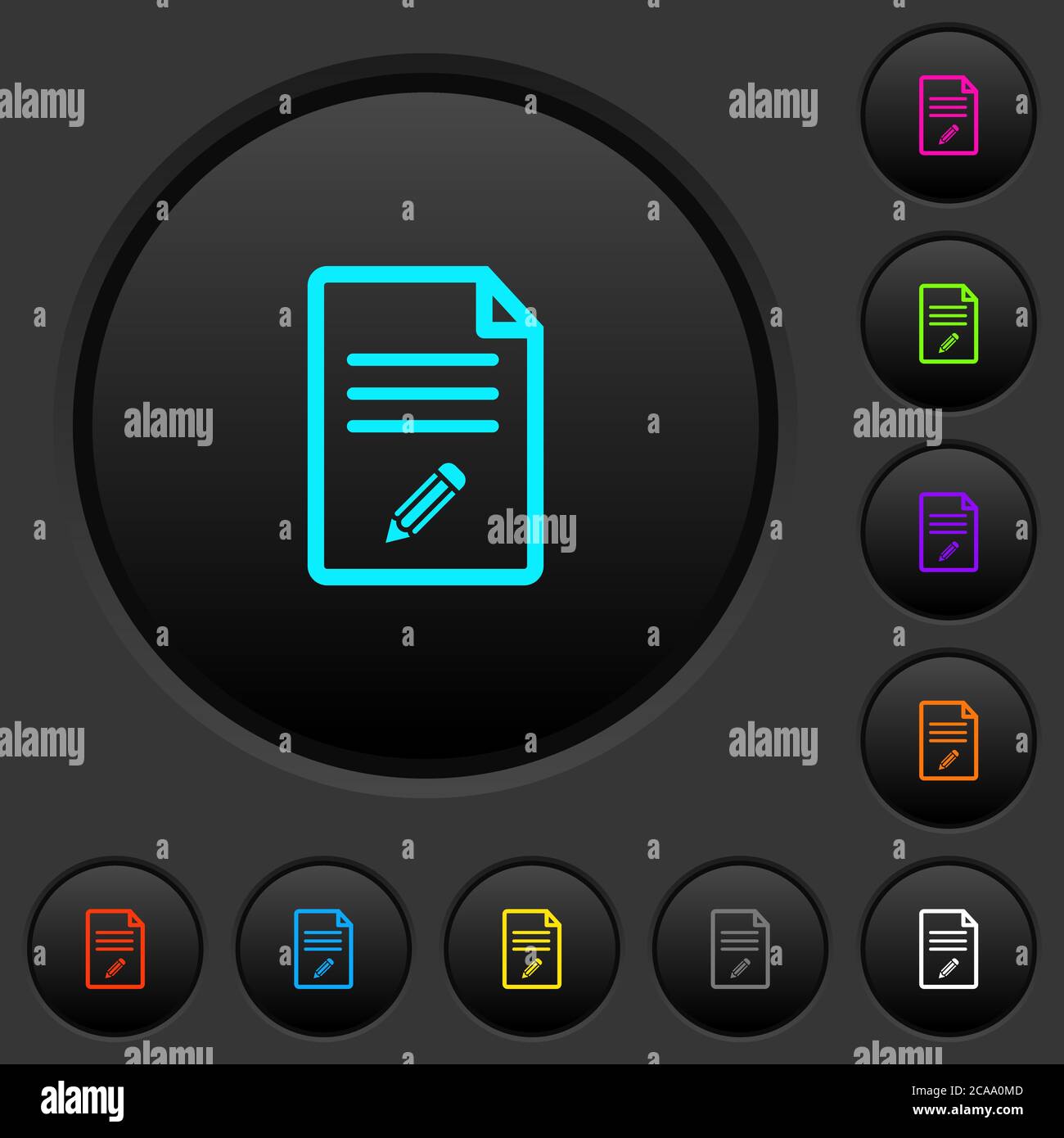Edit document dark push buttons with vivid color icons on dark grey ...