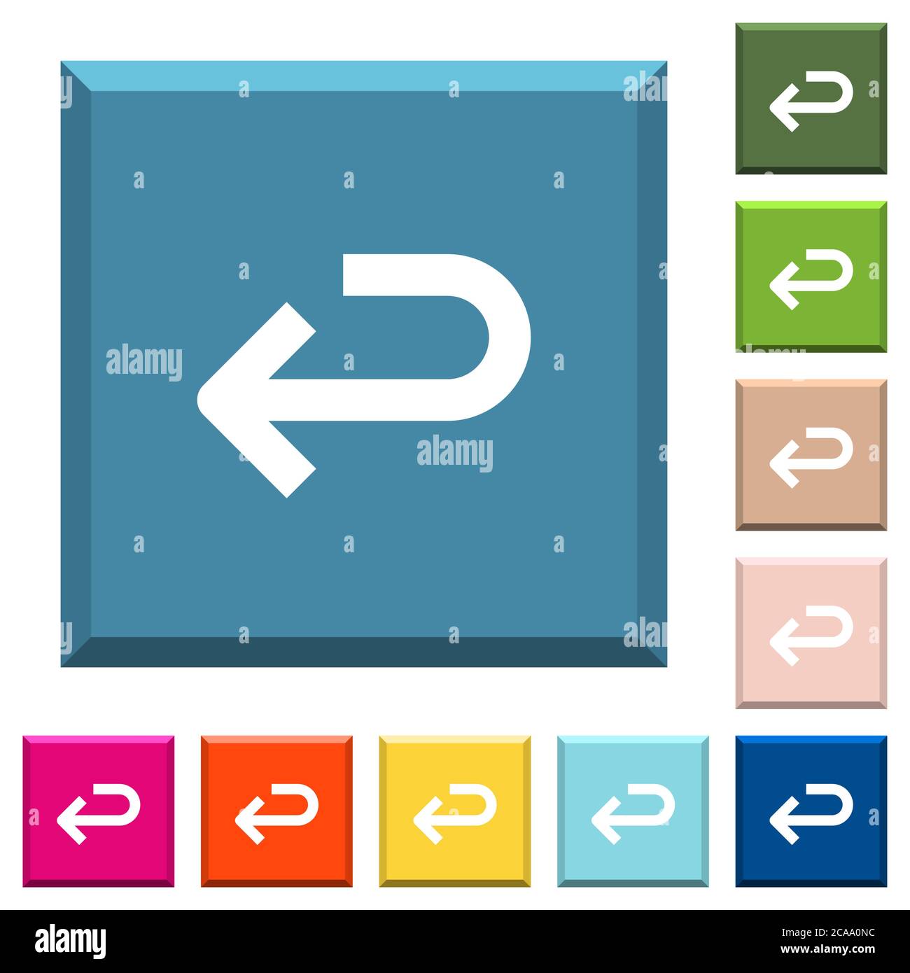 Back arrow white icons on edged square buttons in various trendy colors ...