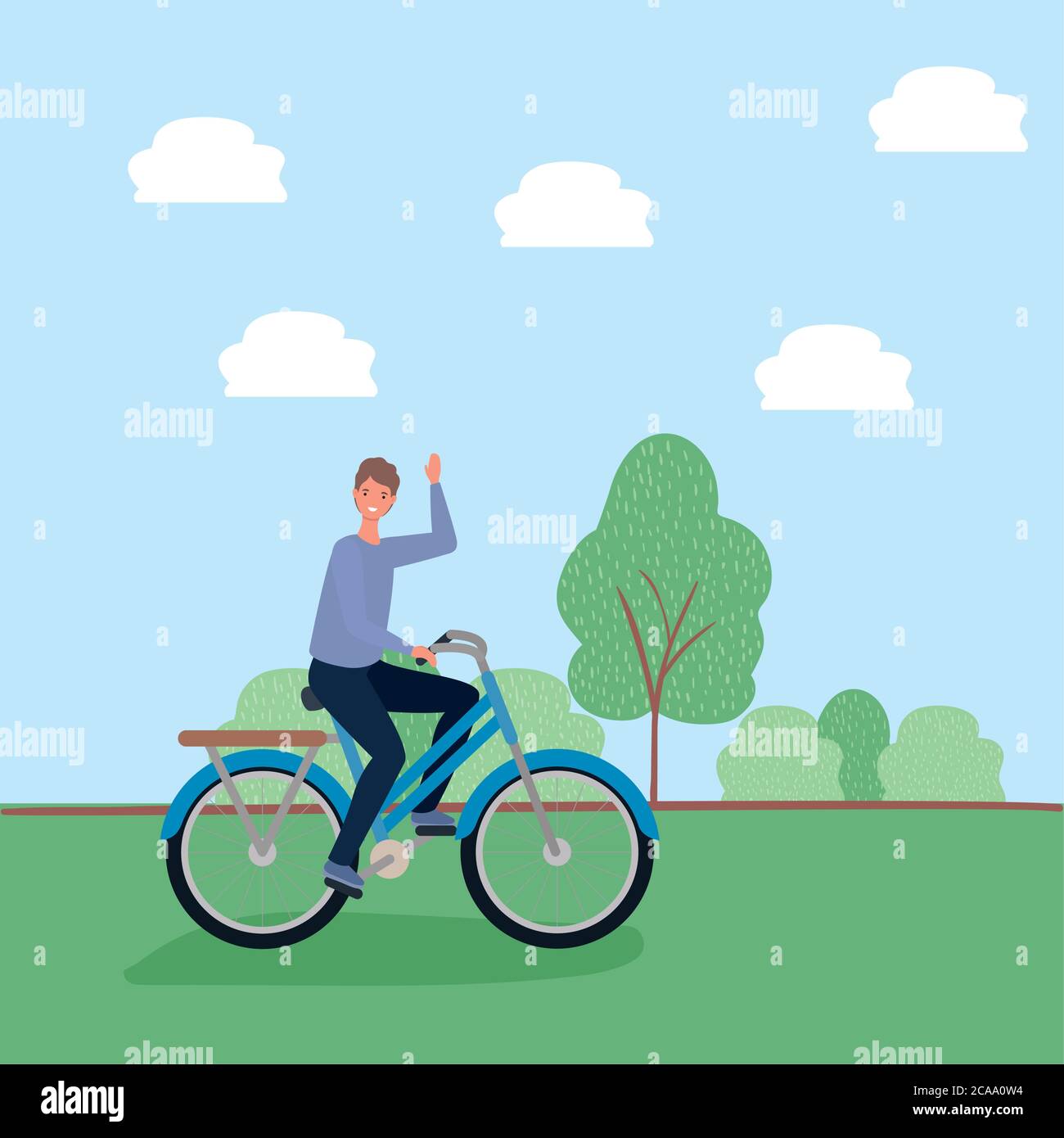 man cartoon riding bike at park with tree design, Outdoor activity ...