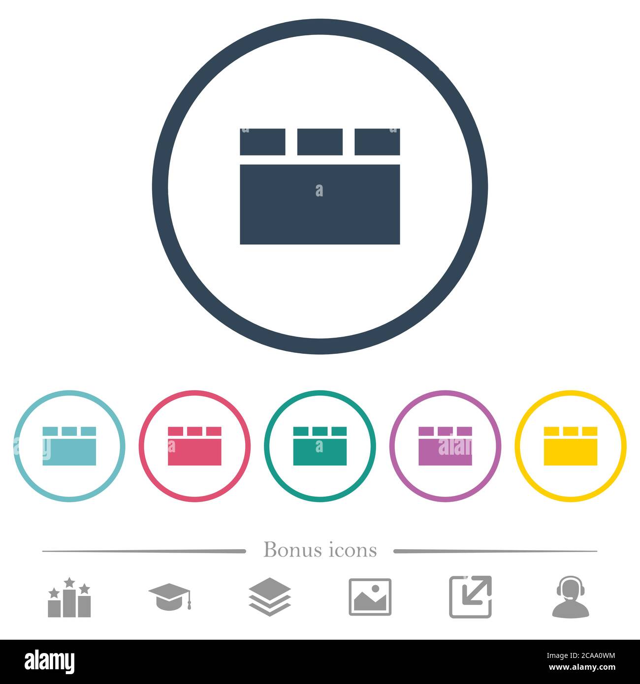 Horizontal tabbed layout flat color icons in round outlines. 6 bonus ...