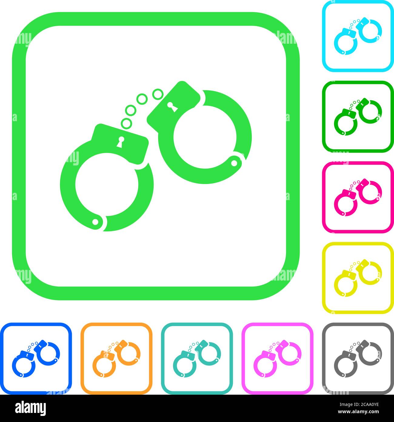 Handcuffs vivid colored flat icons in curved borders on white ...
