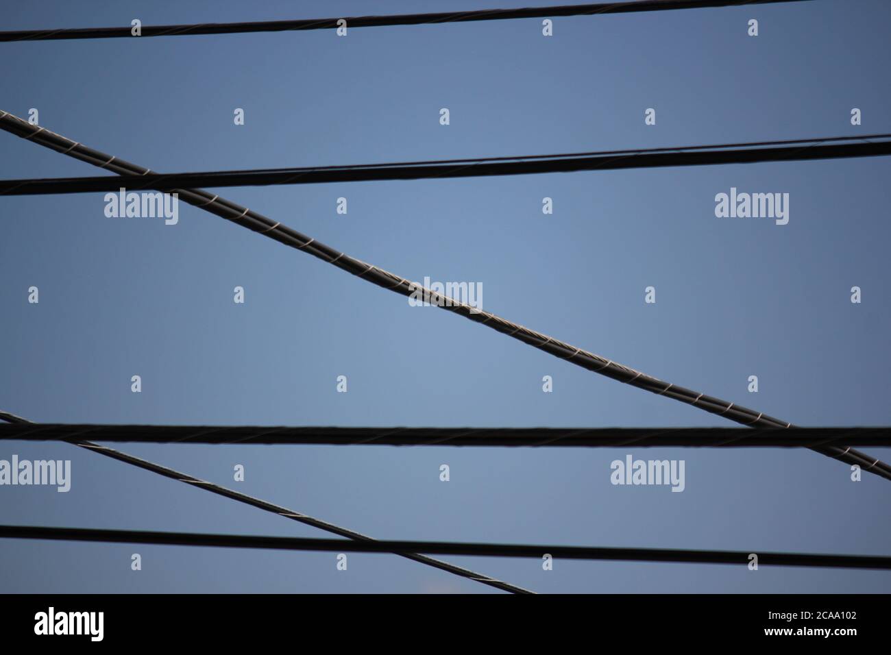 Bunch of electrical and power utility wires hanging in the backyard ...