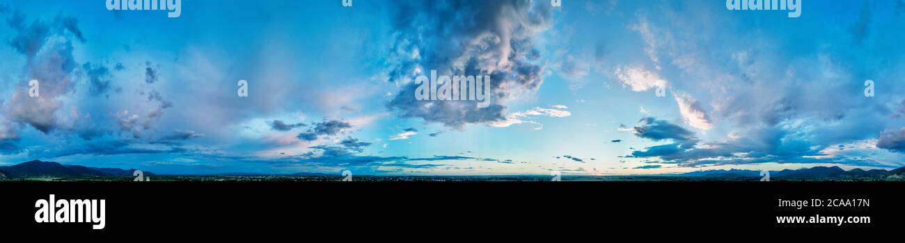 Drone viewpoint of sunset sky in summer season. Panoramic view of dusk ...