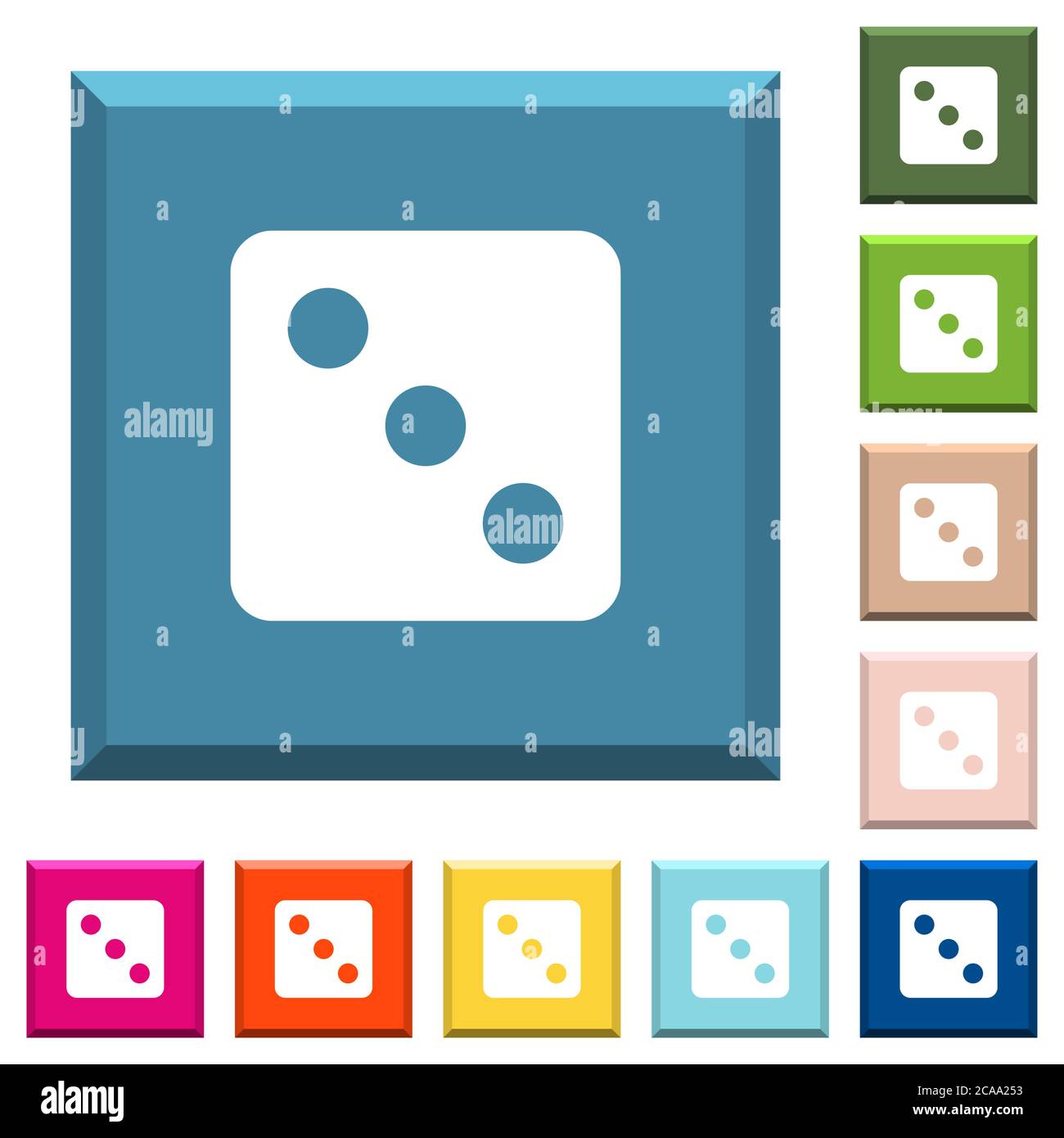 Dice three white icons on edged square buttons in various trendy colors ...