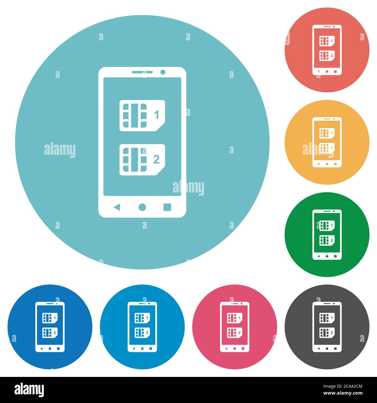 Dual SIM mobile flat white icons on round color backgrounds Stock ...