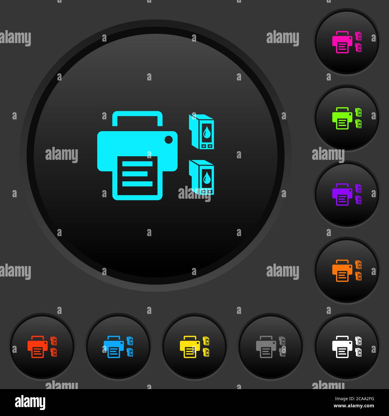 Printer and ink cartridges dark push buttons with vivid color icons on ...