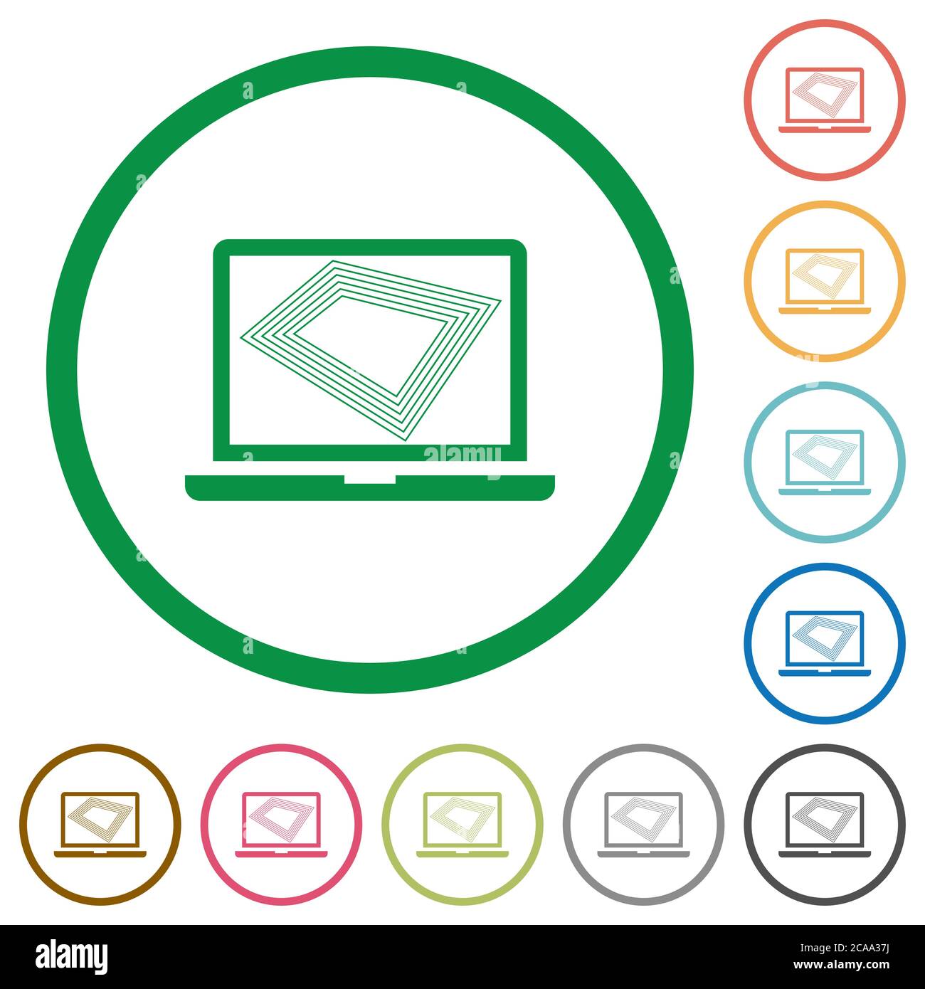 Screen saver on laptop flat color icons in round outlines on white ...