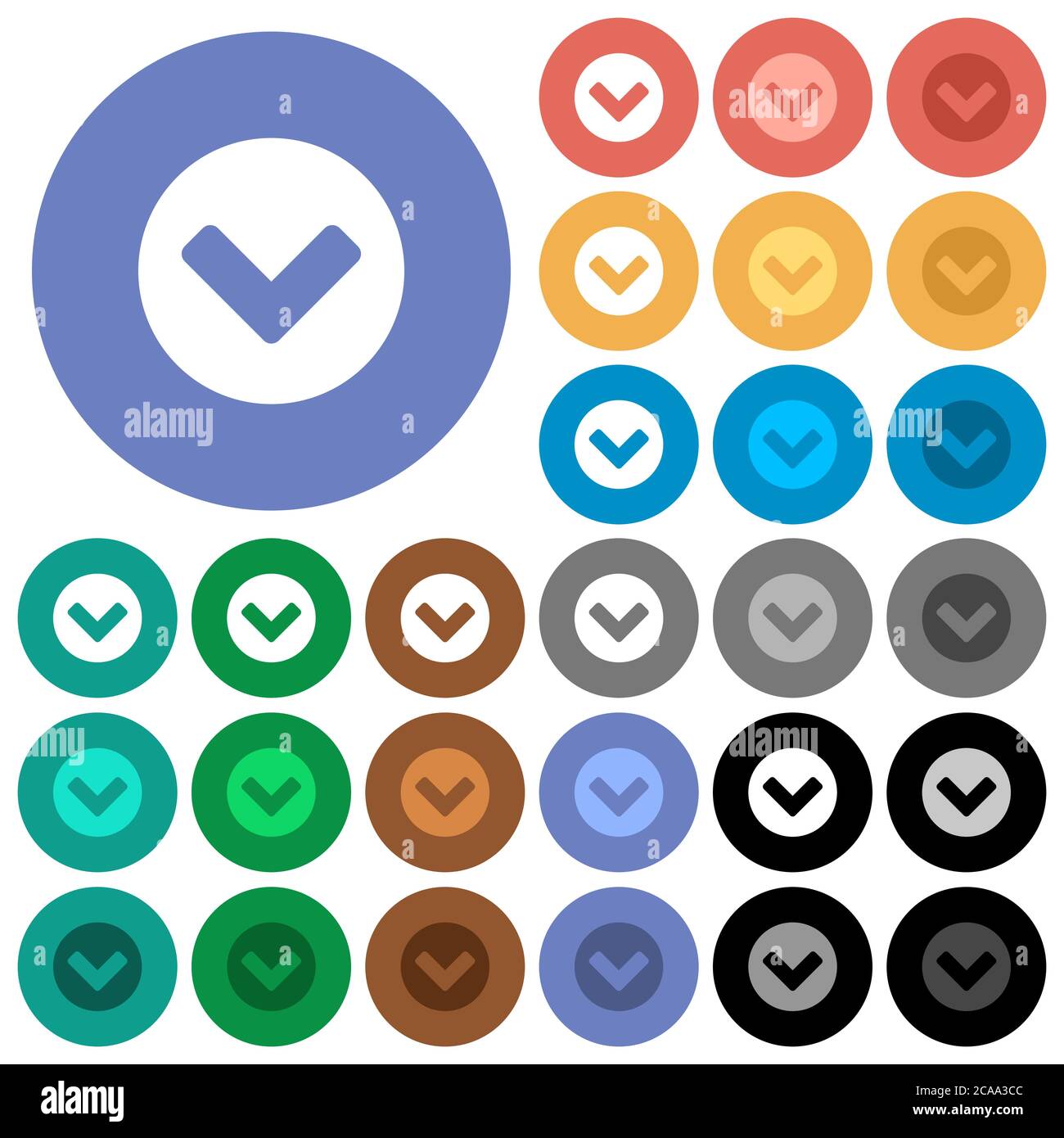 Chevron down multi colored flat icons on round backgrounds. Included ...