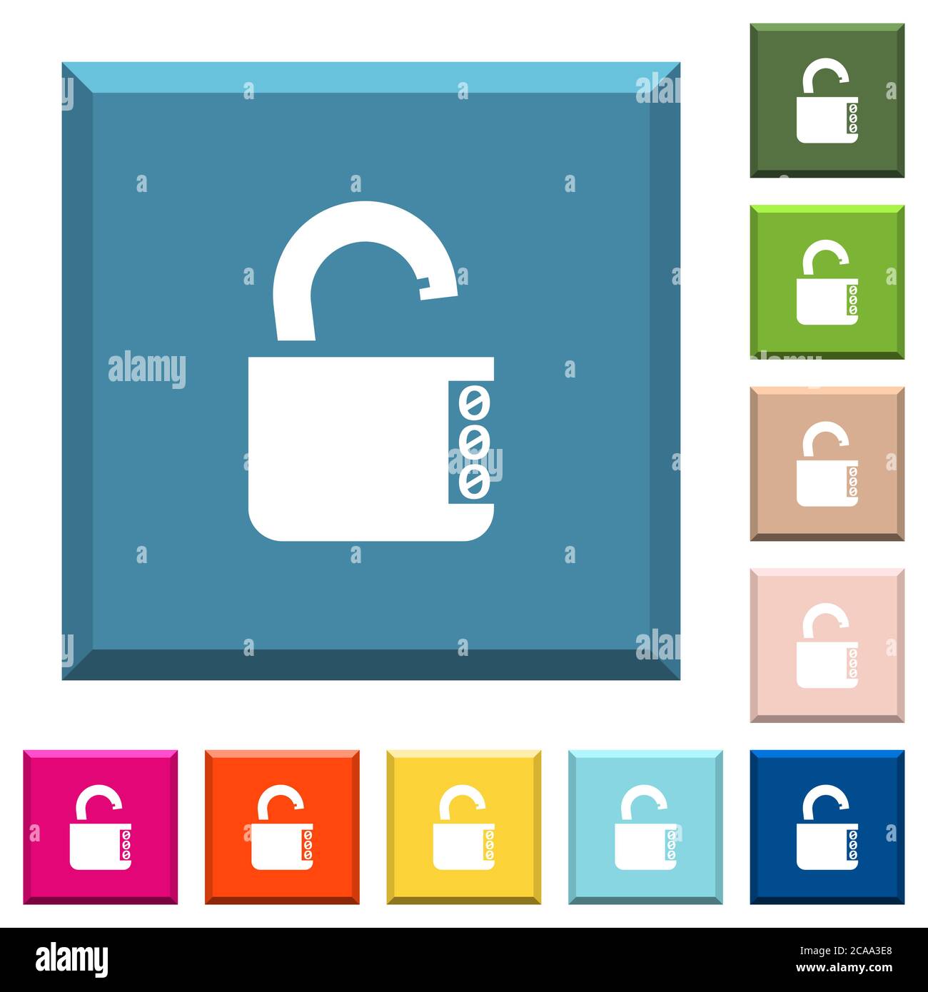 Unlocked combination lock with side numbers white icons on edged square ...