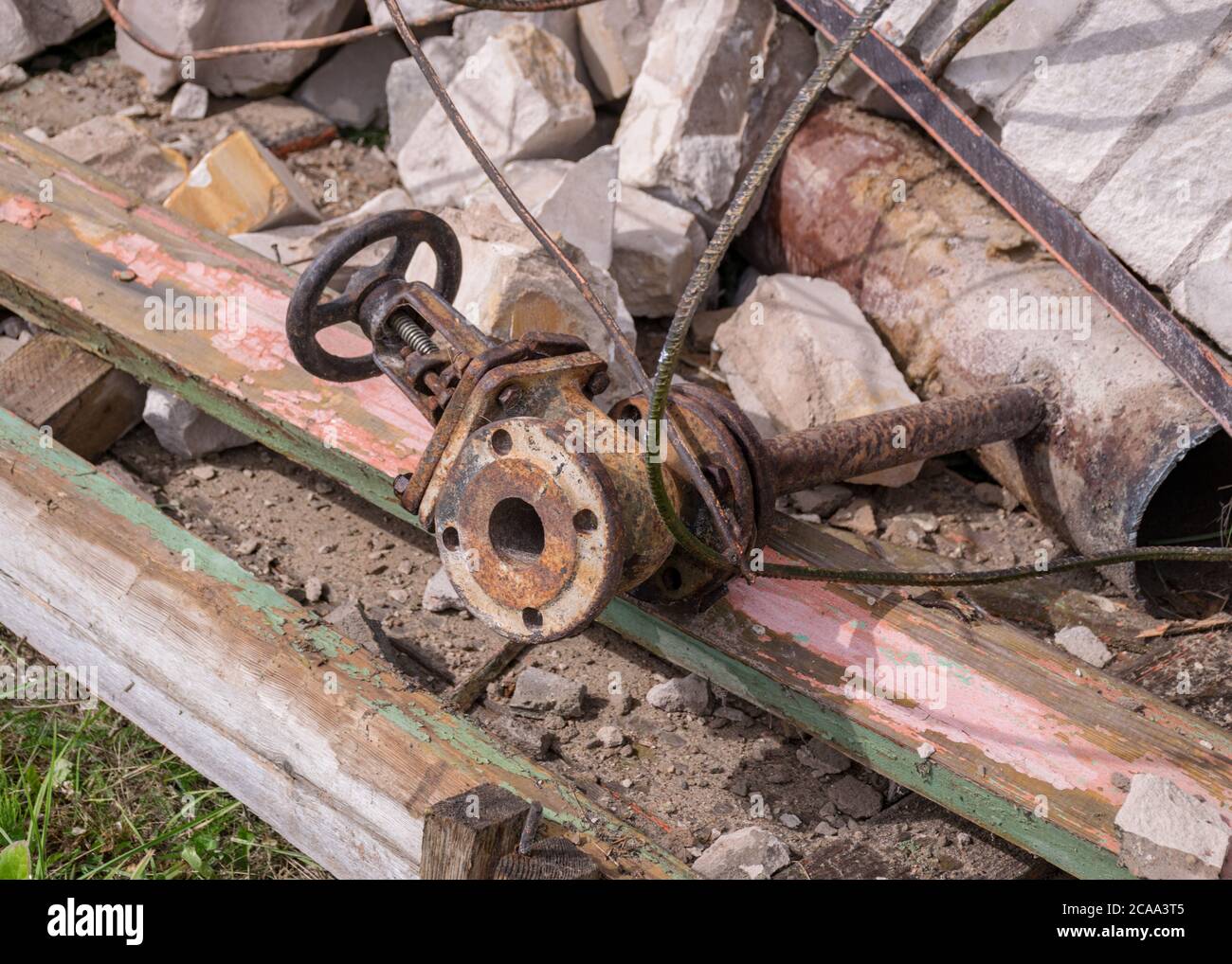 fragments of white brick ruins, remnants of an old iron structure from ...
