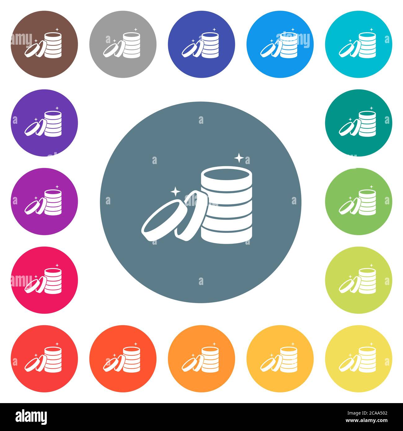 Stack of treasure flat white icons on round color backgrounds. 17 ...