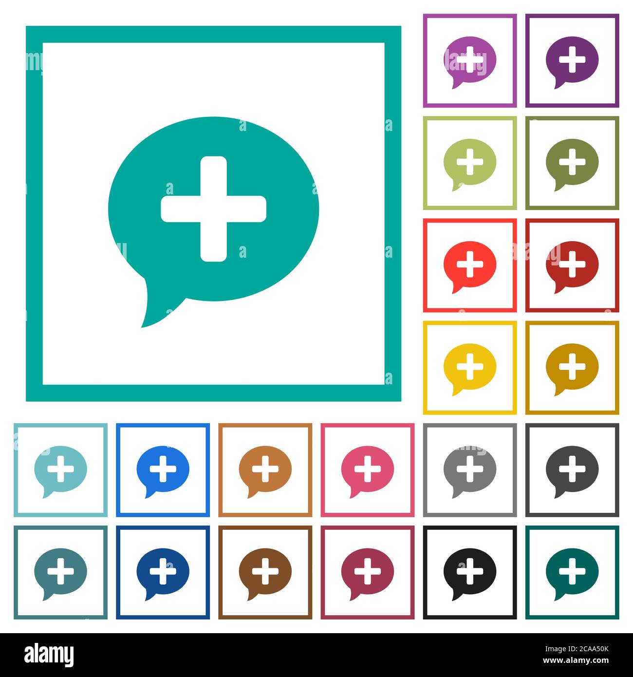 Add comment flat color icons with quadrant frames on white background ...