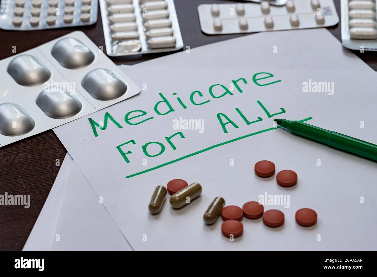 The Medicare for all sign is written on the sheet in green letters ...