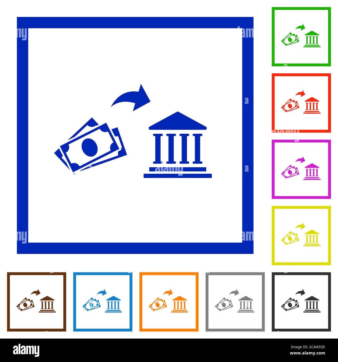 Cash deposit to bank flat color icons in square frames on white ...