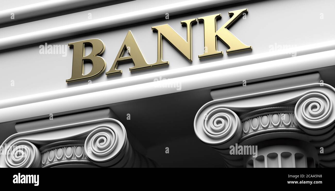 BANK, building entrance sign. Two pillars part ancient greek ...