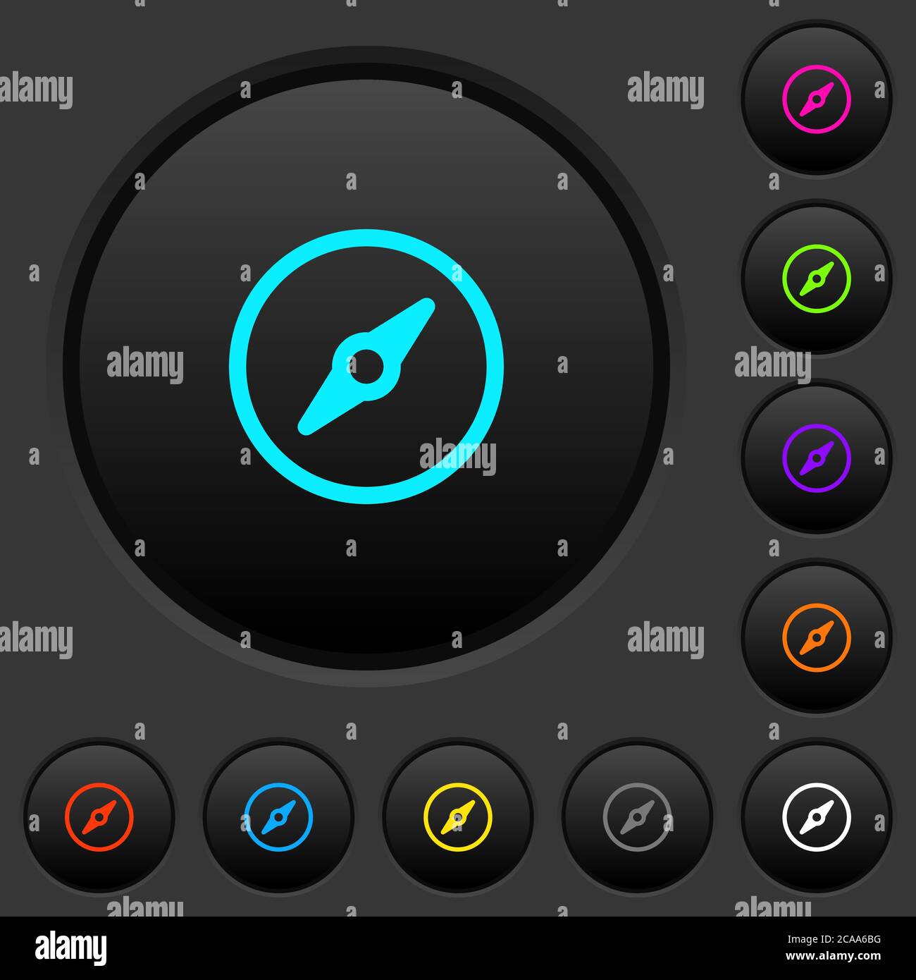 Simple compass dark push buttons with vivid color icons on dark grey ...