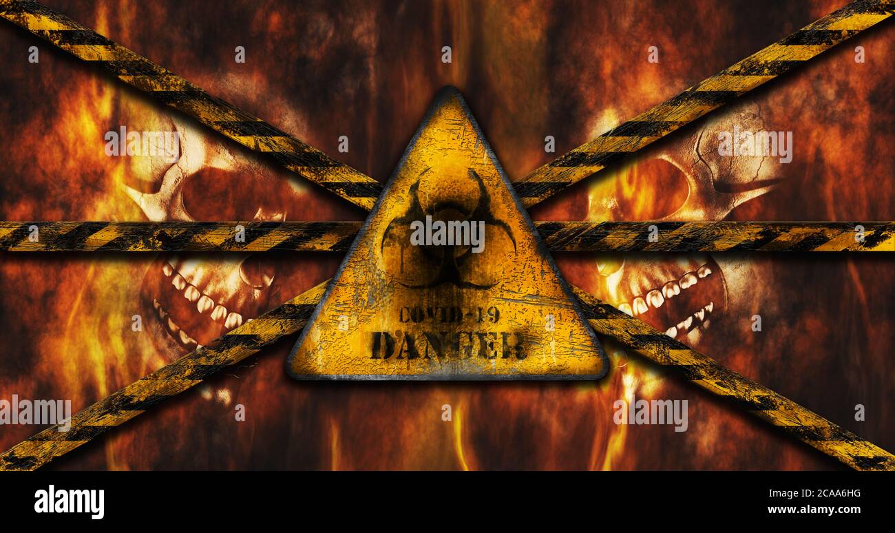 Biohazard sign and caution tape over Human Skulls burning in blazing ...