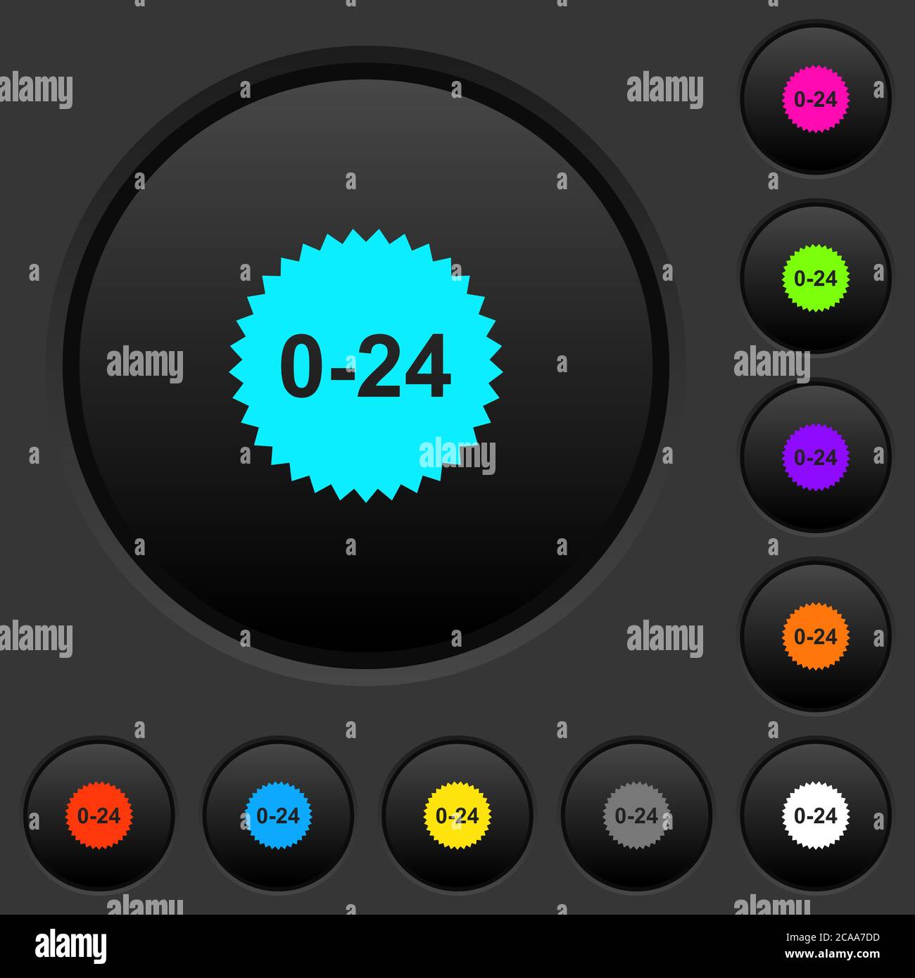 24 hours sticker dark push buttons with vivid color icons on dark grey ...