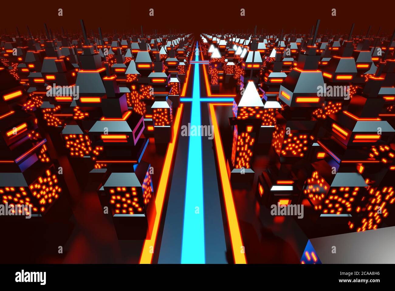 3D Illustration of a classic computer game city in the 80s style Stock ...