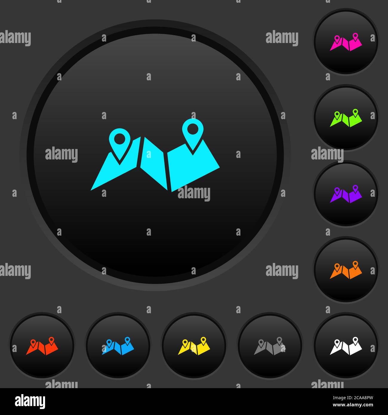 Route plan dark push buttons with vivid color icons on dark grey ...