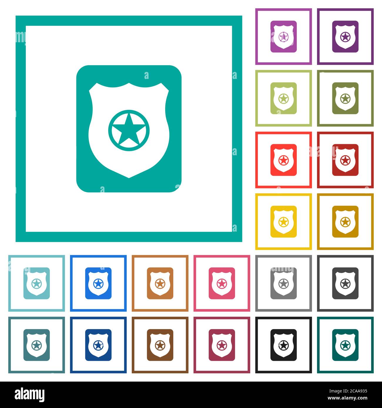 Police badge flat color icons with quadrant frames on white background ...