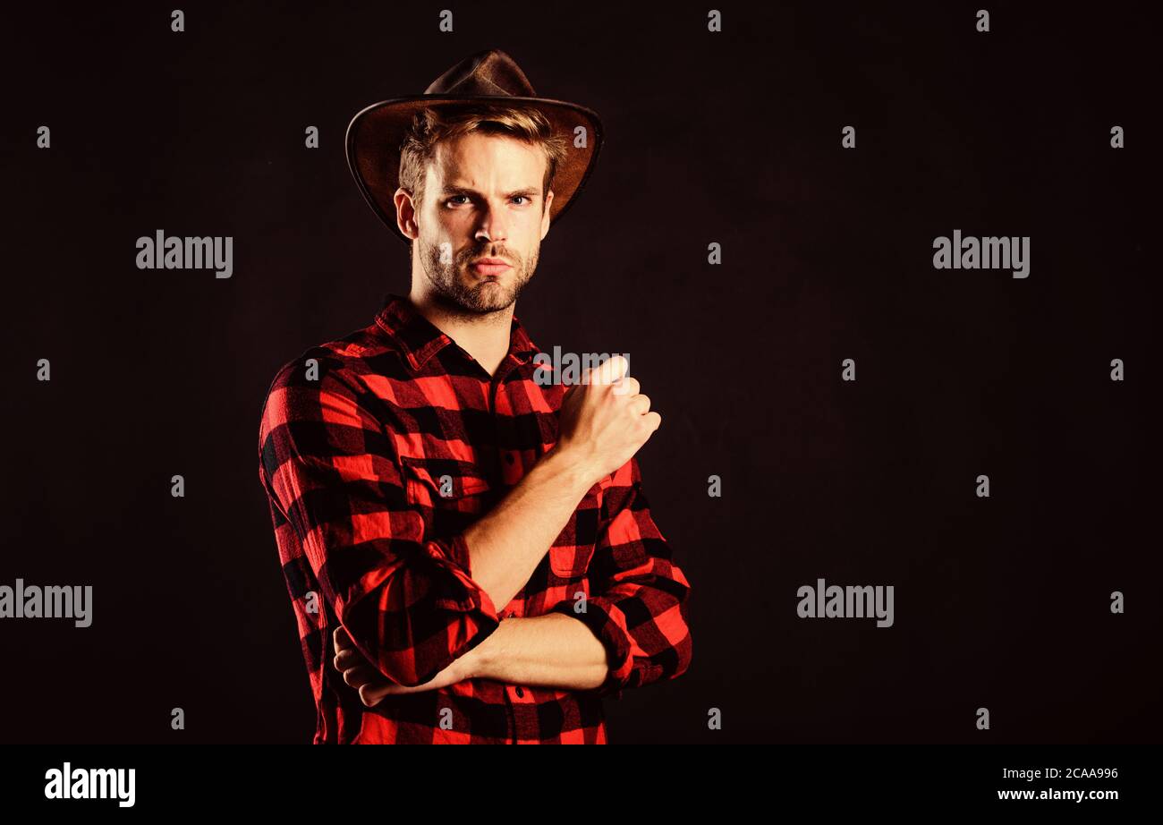 nostalgia. man checkered shirt on ranch. wild west rodeo. Handsome man ...
